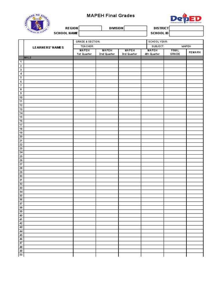 Mapeh 6 Grading Sheet