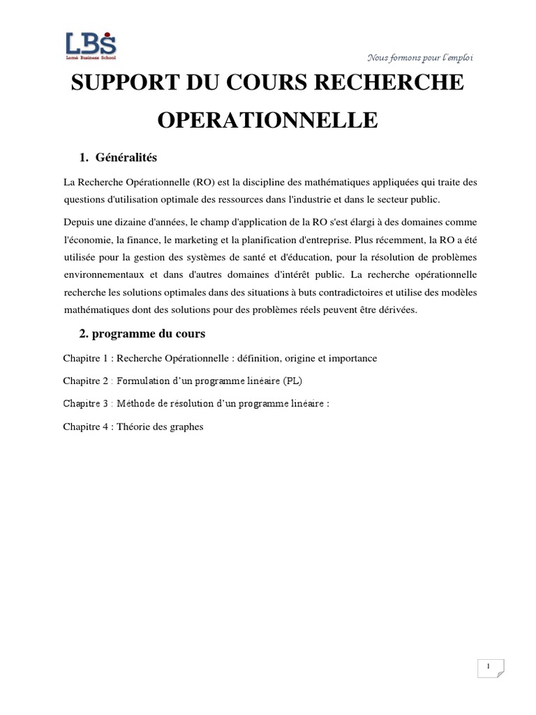 Cours de Recherche Opérationnelle PDF | PDF | Recherche opérationnelle