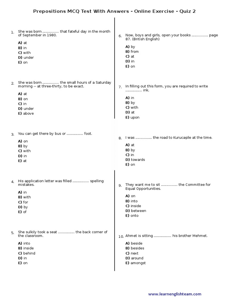 2 Prepositions Test With Answers Online Exercise Quiz 2 | PDF