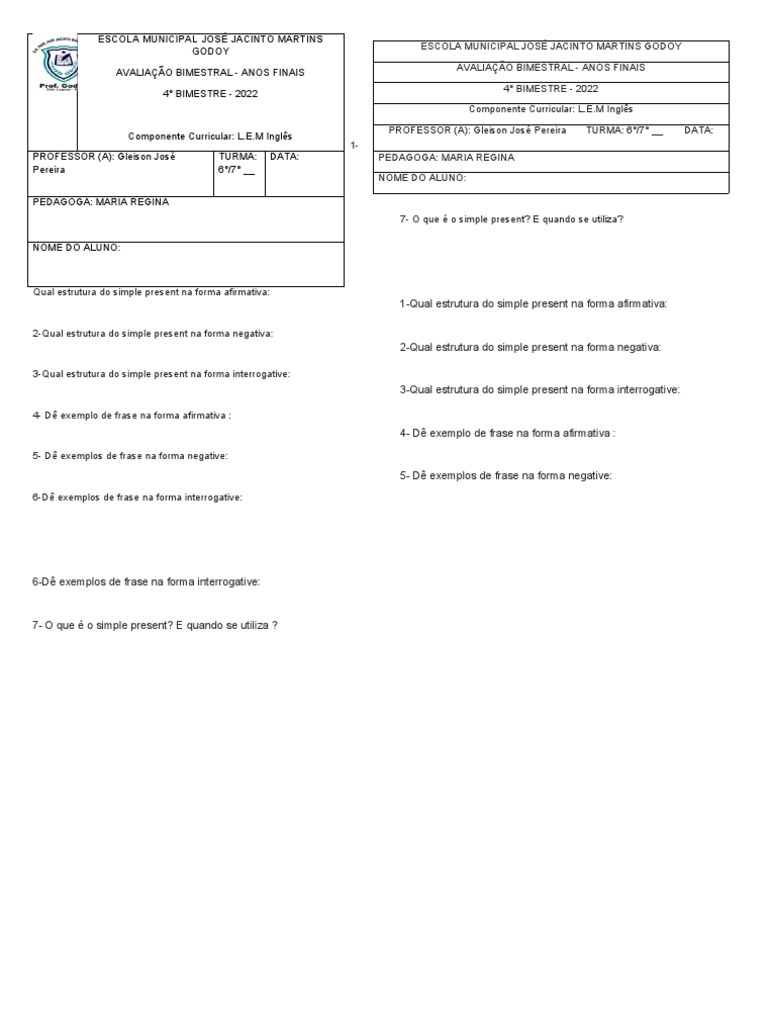 Avaliação Inglês 6 e 7 ano | PDF