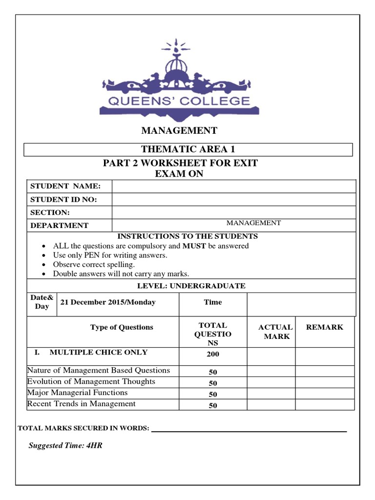 Management Exit Exam Questions 2015 | PDF | Outsourcing | Stress Management