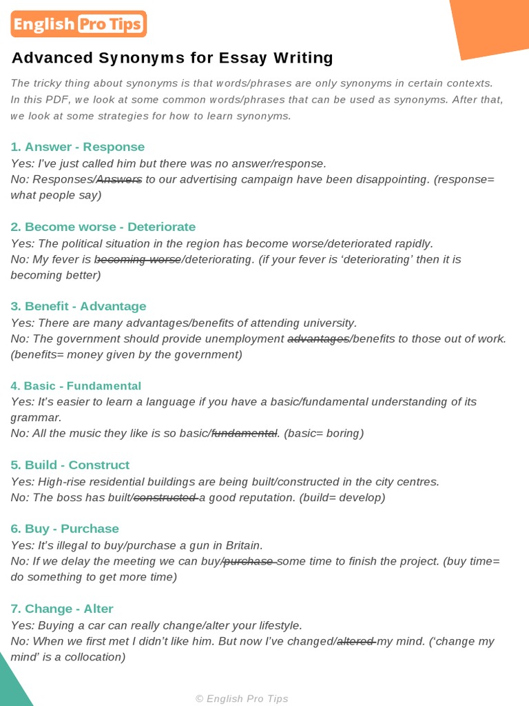 30 Advanced Synonyms For Essay Writing | PDF | International English ...