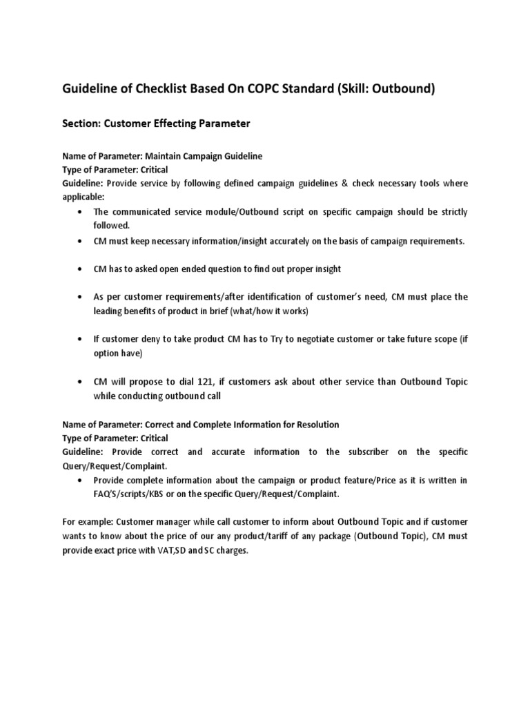 Guideline of Checklist Based On COPC Standard Skill Outbound | PDF ...