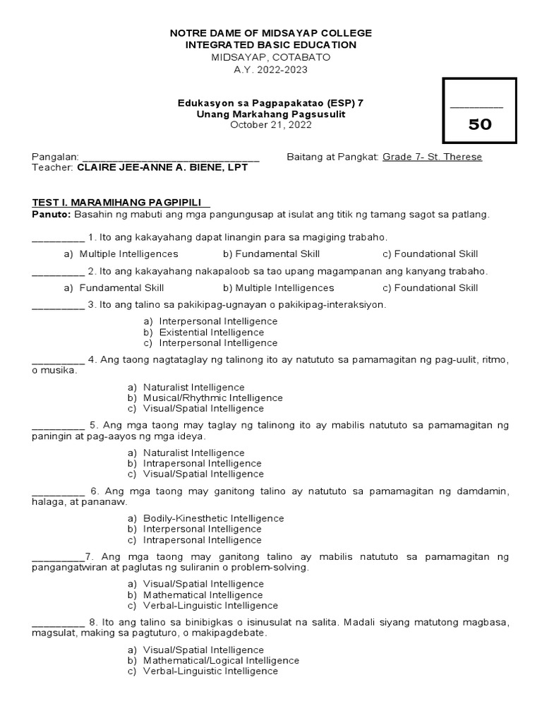 Esp Grade 7 1ST Periodical Exam | PDF
