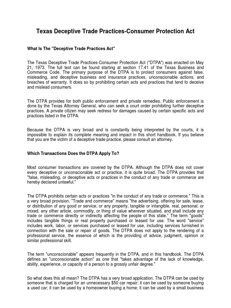 Texas Deceptive Trade Practices | PDF | Lawsuit | Sales