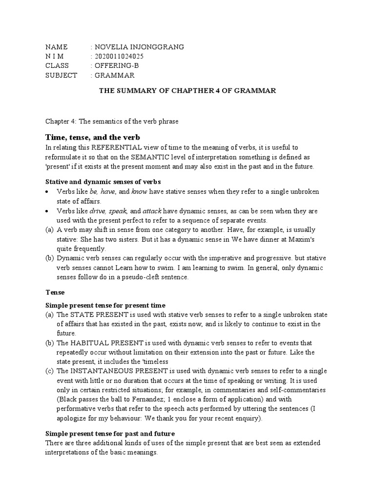 Grammar Chapter 4 (Summary) | PDF | Grammatical Tense | Semantics