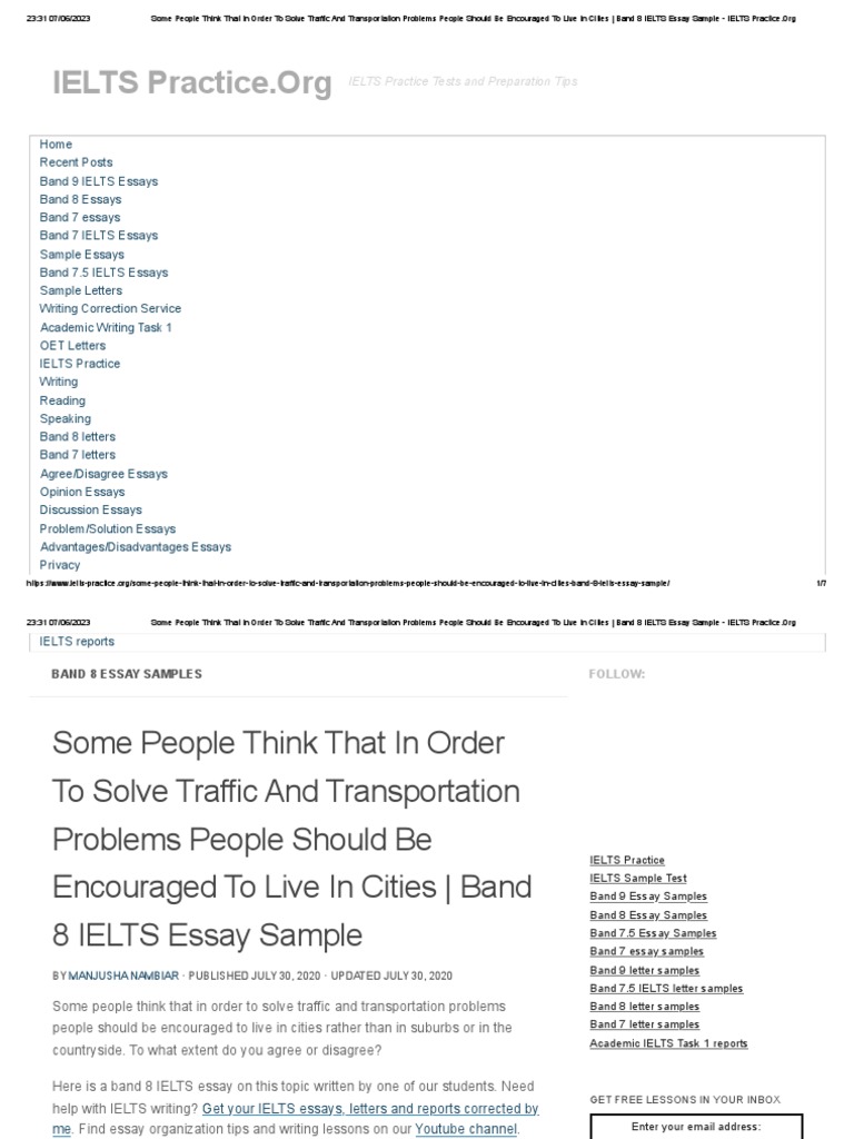 Band 8 Essay: Urban Living for Traffic Solutions | PDF | International ...