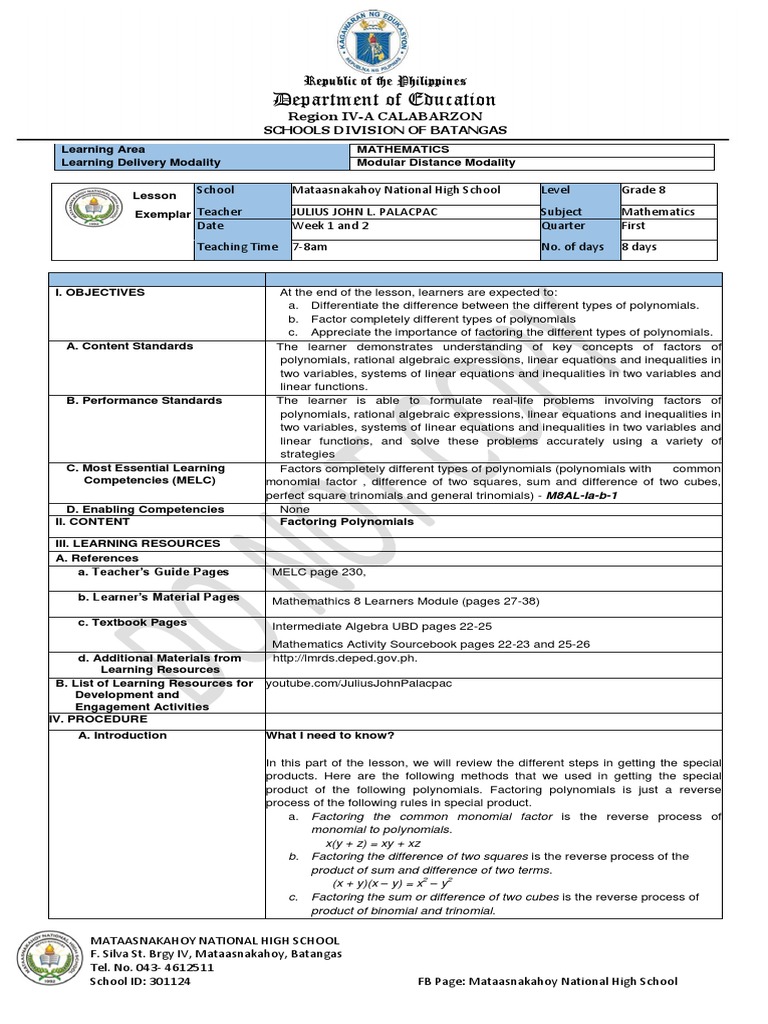 DepEd Lesson Exemplar Mathematics 8 1st | PDF | Factorization | Polynomial