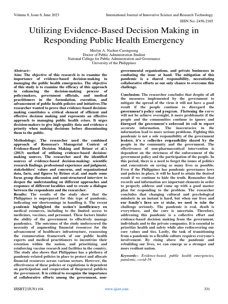 Utilizing Evidence-Based Decision Making in Responding Public Health Emergency | PDF | Evidence ...