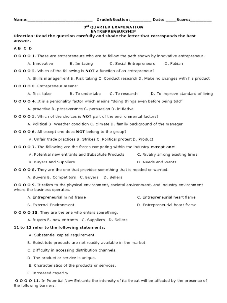 Test Paper - Q3 Entrep - F | PDF