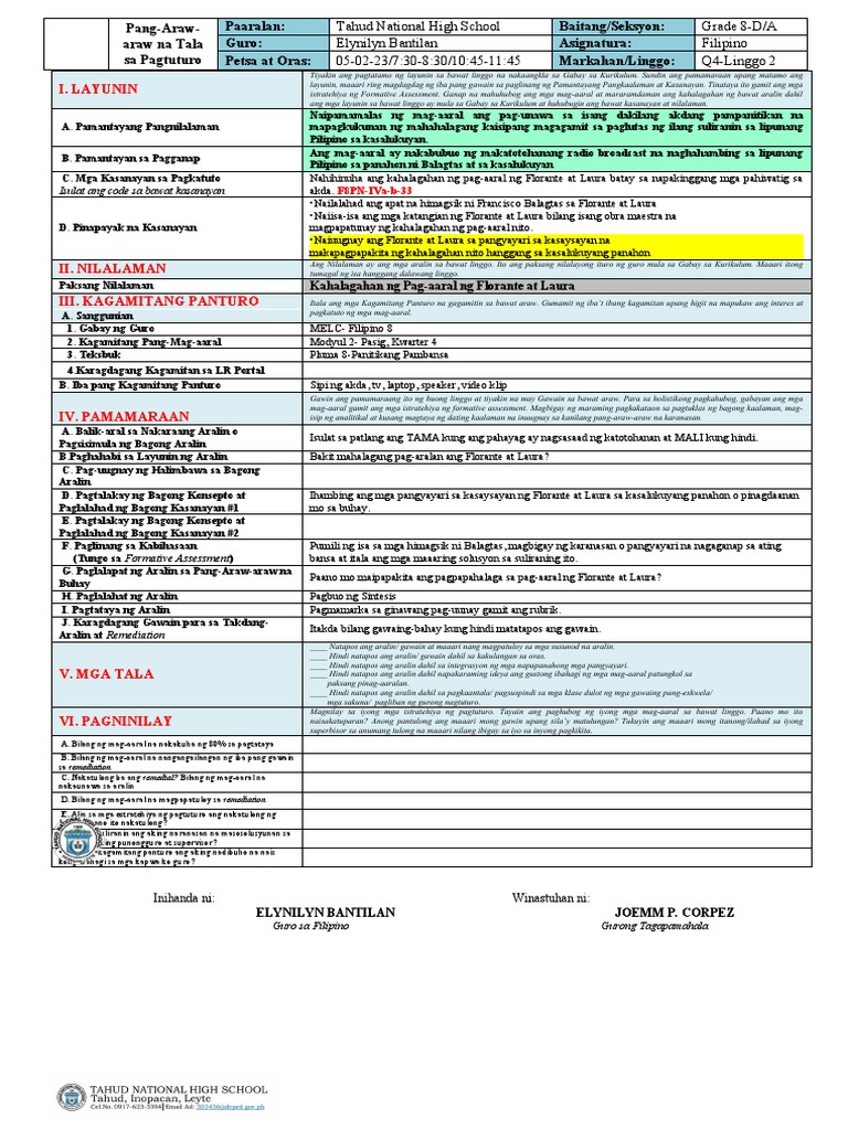 Q4 - Filipino 8 - DLL - W2 - D1 | PDF