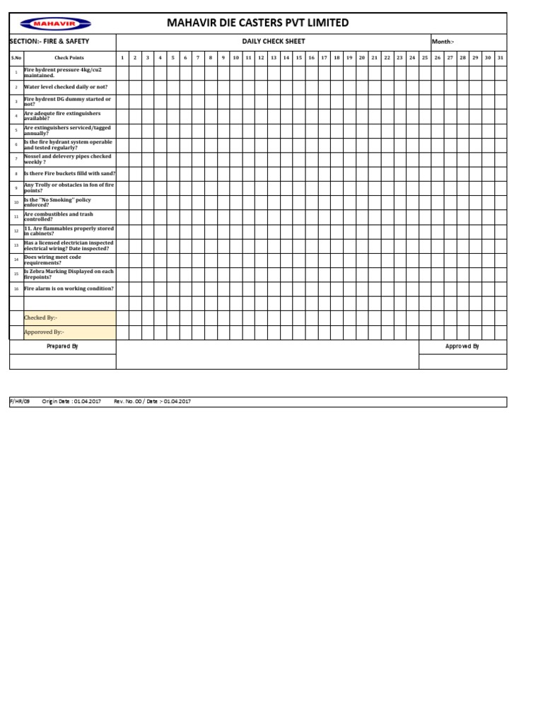 HR 09 Fire & Safety Daily Check Sheet | PDF