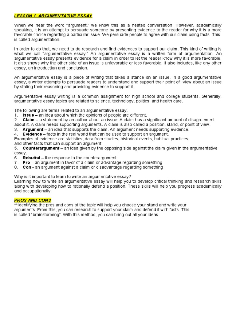 Argumentative Essay Whole Lesson | PDF | Essays | Evidence