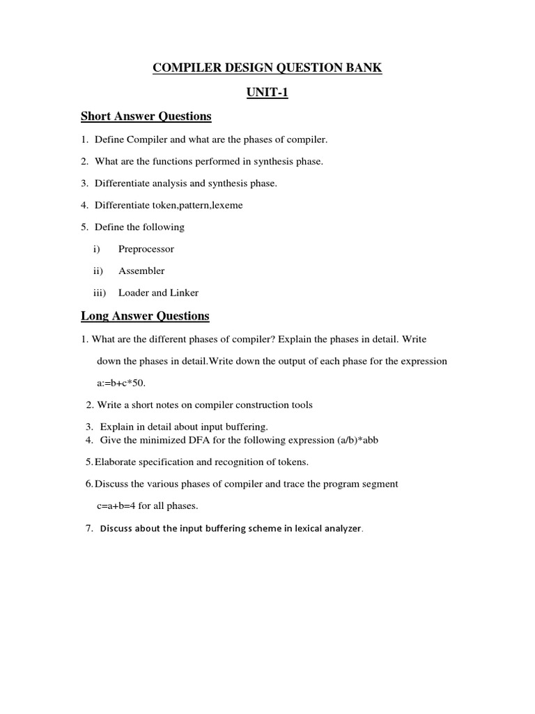 Compiler Design Question Bank | PDF