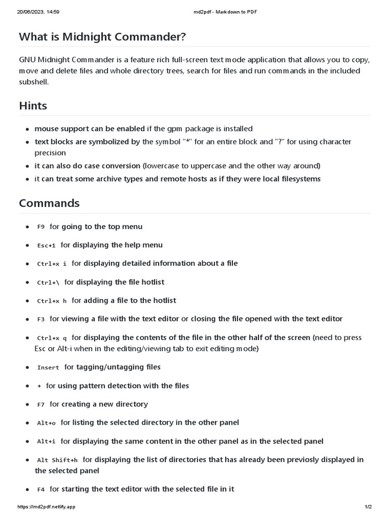 Midnight Commander Cheatsheet | PDF | Computer File | File System