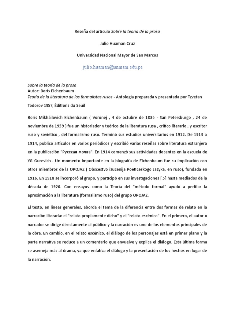 Reseña Del Artículo Sobre La Teoría de La Prosa | PDF | Narración | Prosa