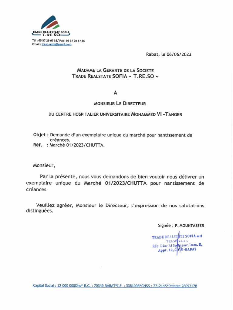 Demande d'Un Exemplaire Unique Du Marché Pour Nantissement de Créances ...