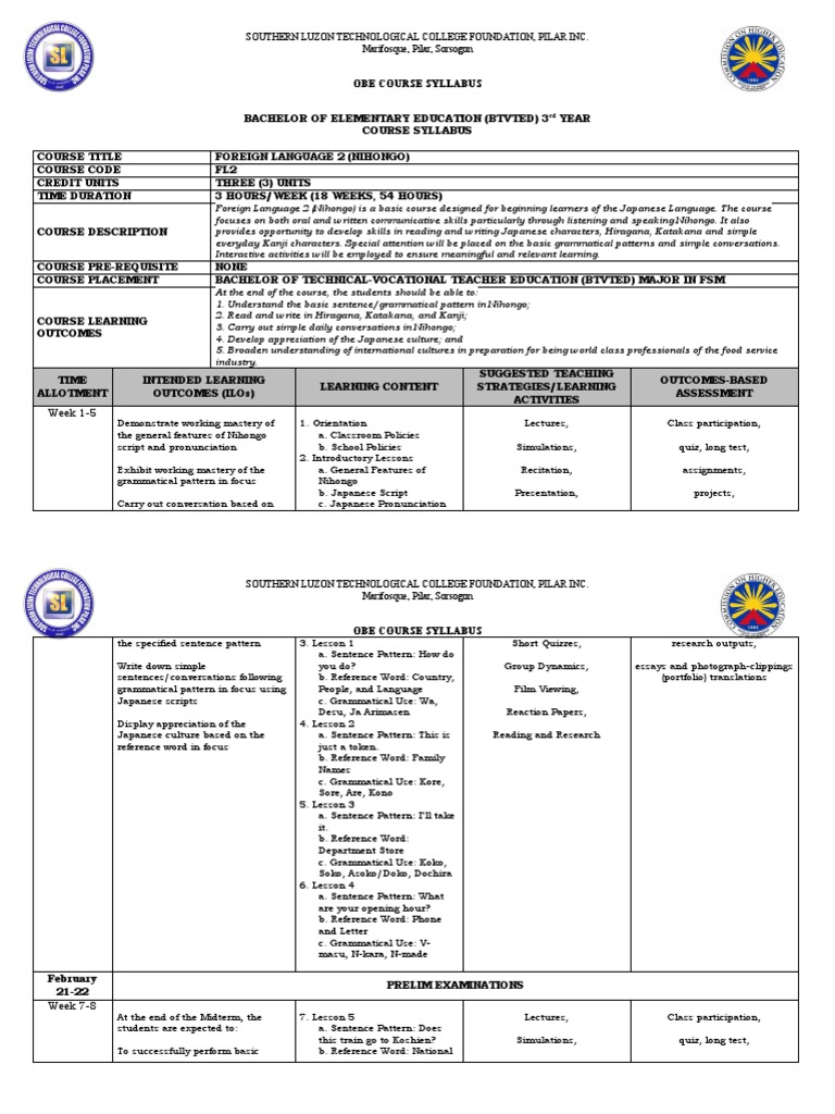OBE Syllabus in FL2-Nihongo | PDF | Japanese Language | Language Education