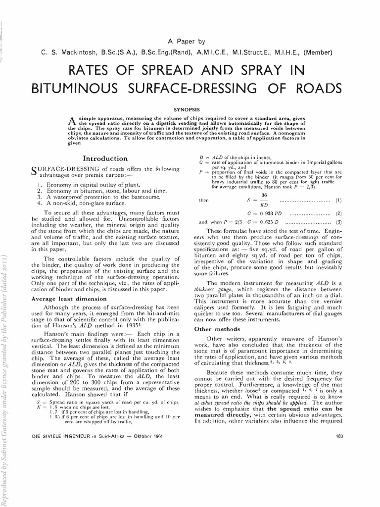 Rates of Spread An D Spray in Bituminous Surface-Dressing of Roads ...