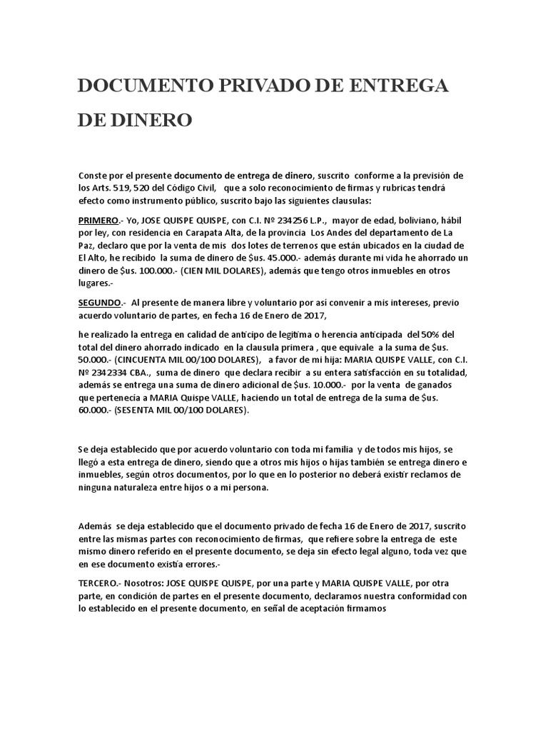 Documento Privado de Entrega de Dinero | PDF