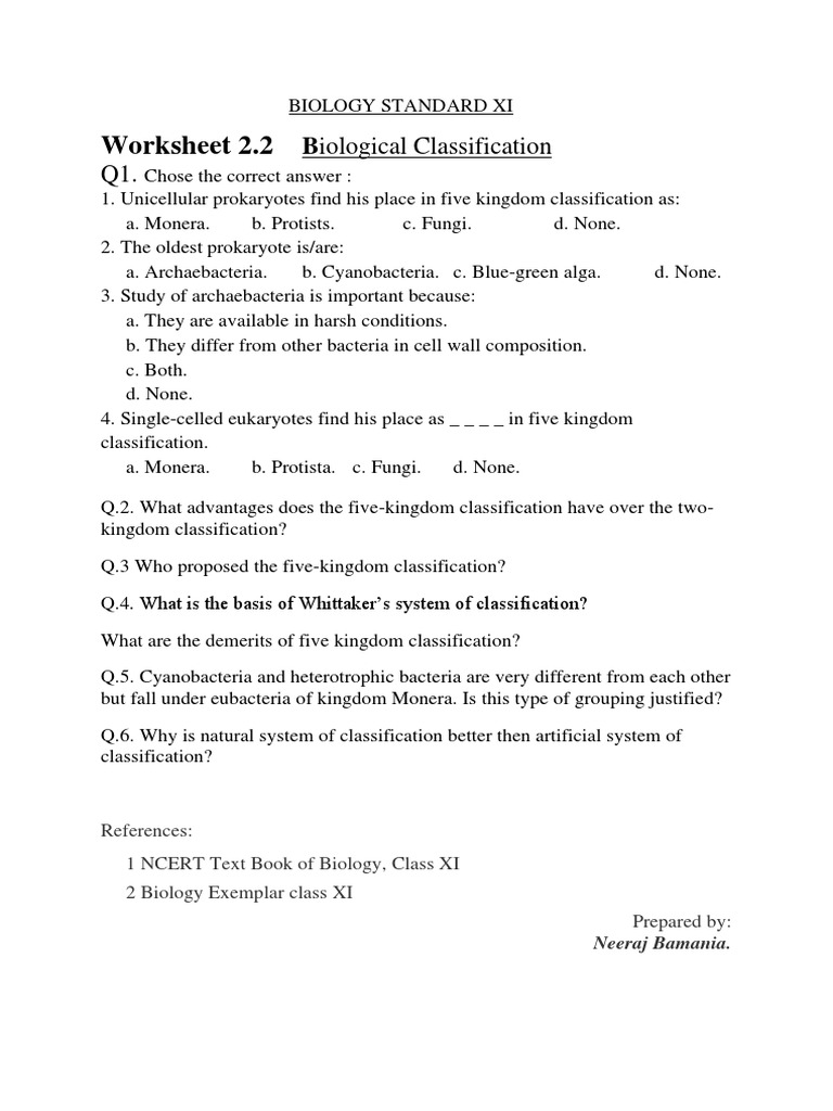 XI Biology Biological Classification 2 of 4 Worksheet | PDF