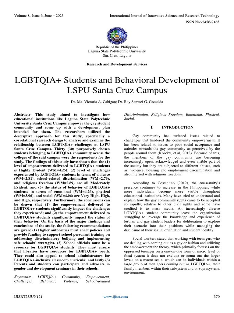 LGBTQIA+ Students and Behavioral Development of LSPU Santa Cruz Campus | PDF | P Value | Emotions