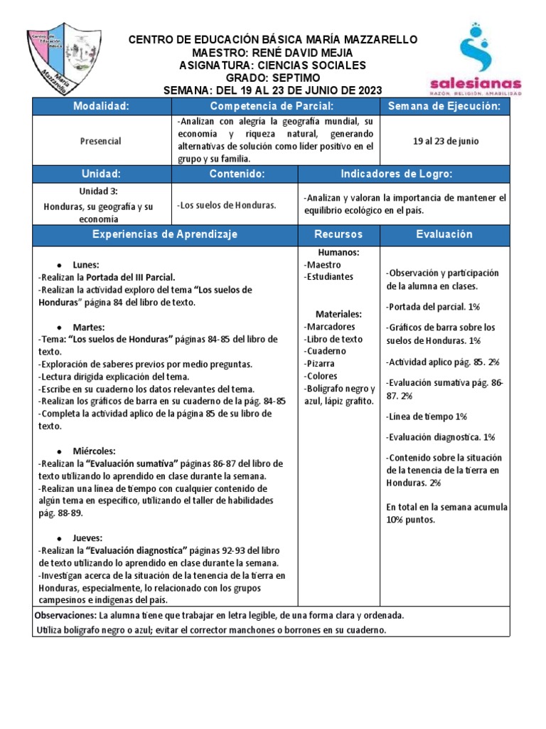 Plan de Clase 7mo. Grado 19-23 Junio | PDF | Evaluación | Educación primaria