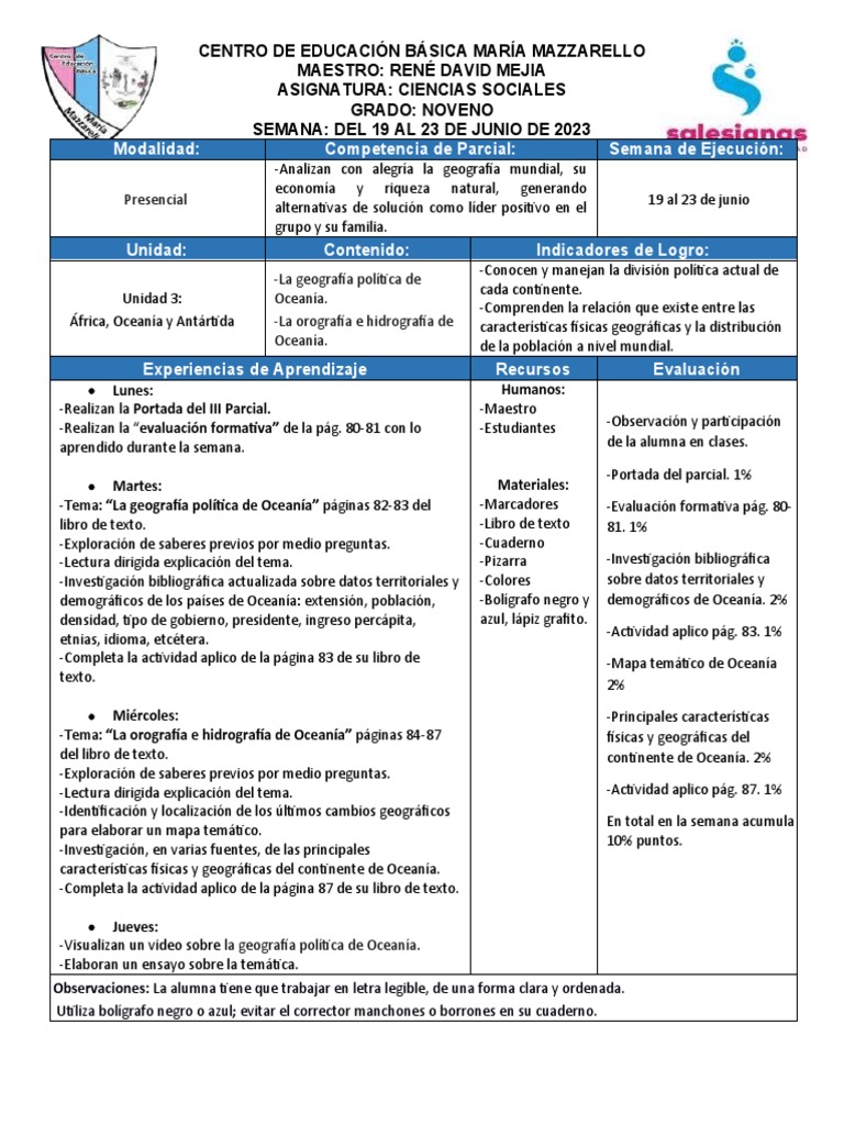 Plan de Clase 9no. Grado 19-23 Junio | PDF