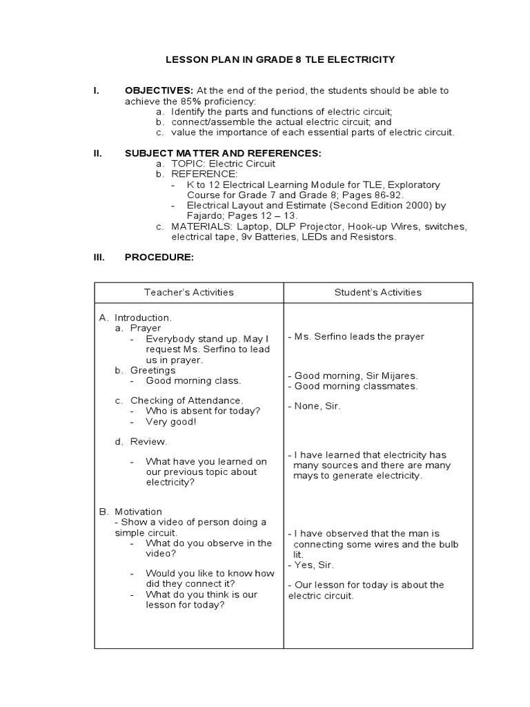 Eletrical Lesson Plan 1 | PDF | Direct Current | Electricity
