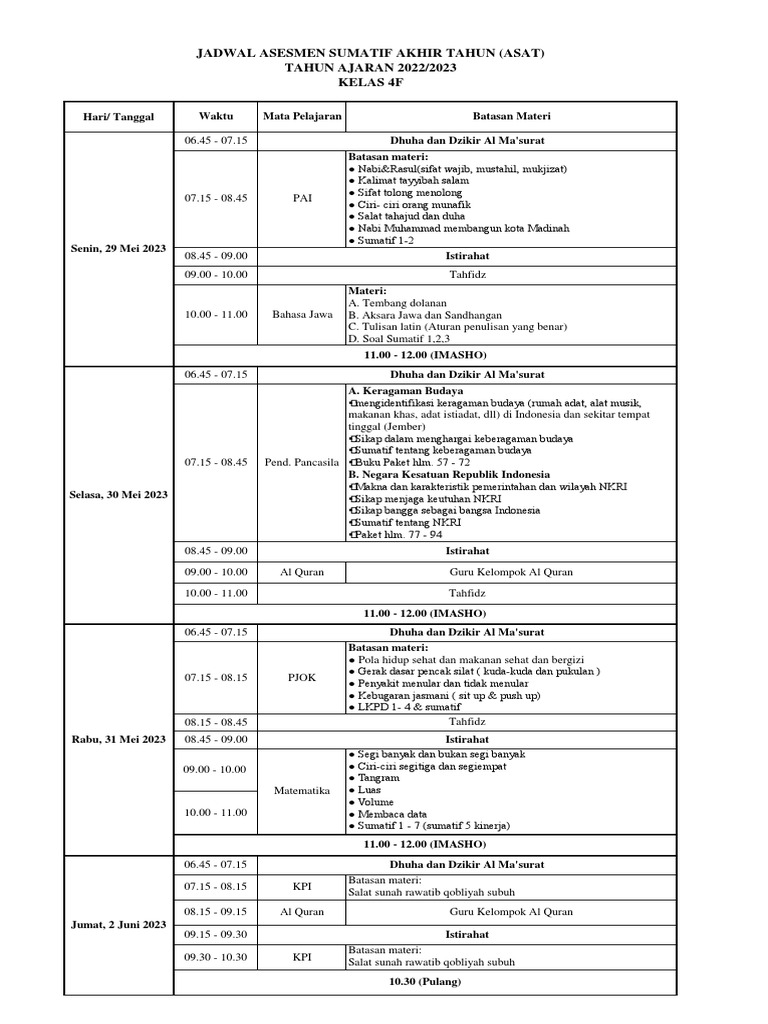 Jadwal Asat Kelas 4F | PDF