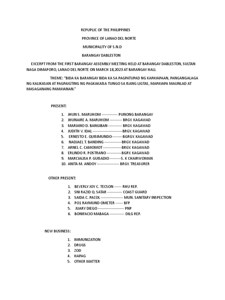 Brgy. Assembly 1st Quarter | PDF