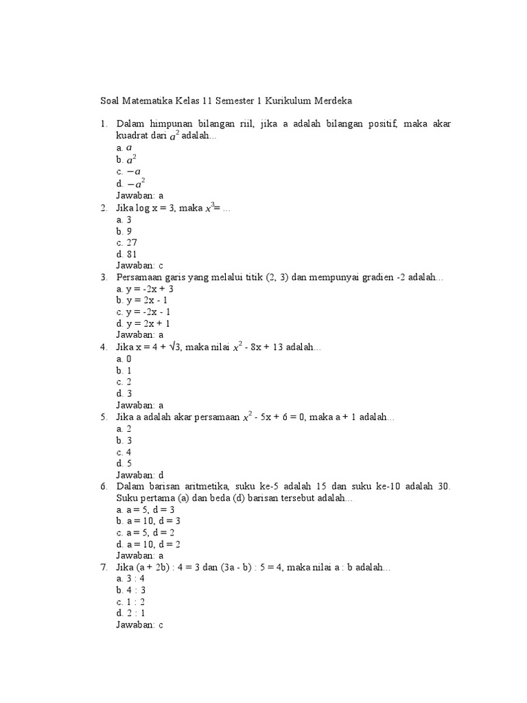 Soal Matematika Kelas 11 Semester 1 Kurikulum Merdeka | PDF | Sains & Matematika