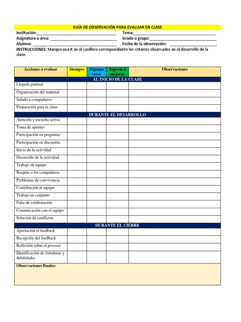 Guía de Observación para Evaluar en Clase | PDF