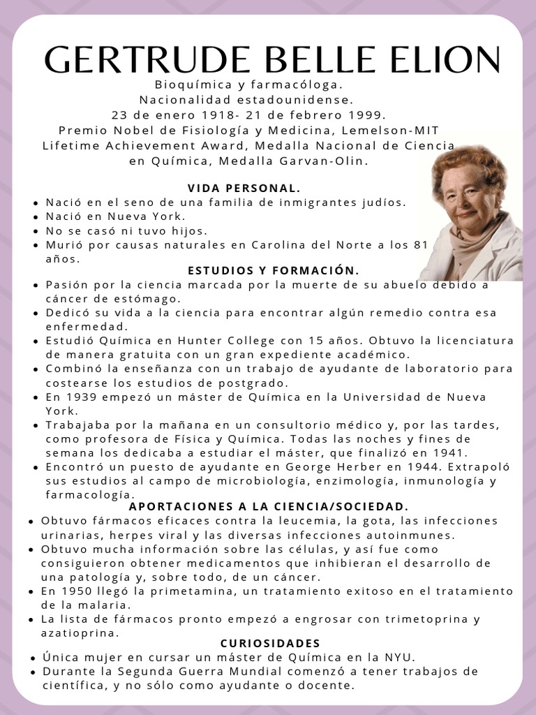 Gertrude Elion: Pionera en Ciencia | PDF | Salud y bienestar