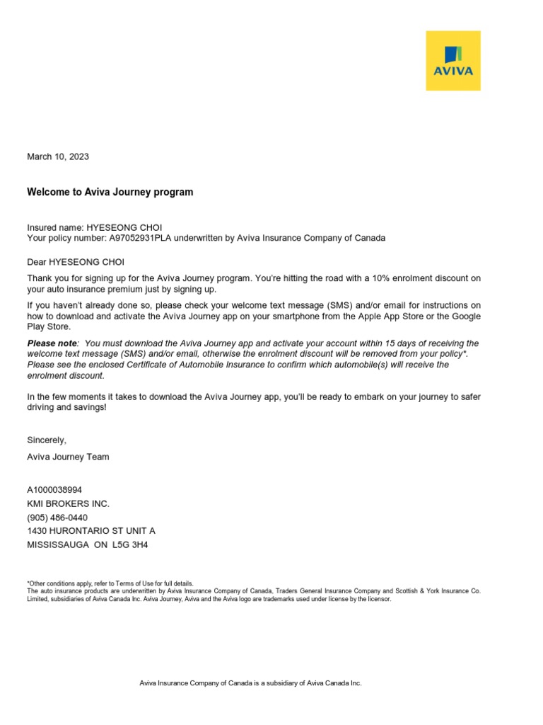 Aviva Journey Program Enrollment Confirmation | PDF | Insurance ...