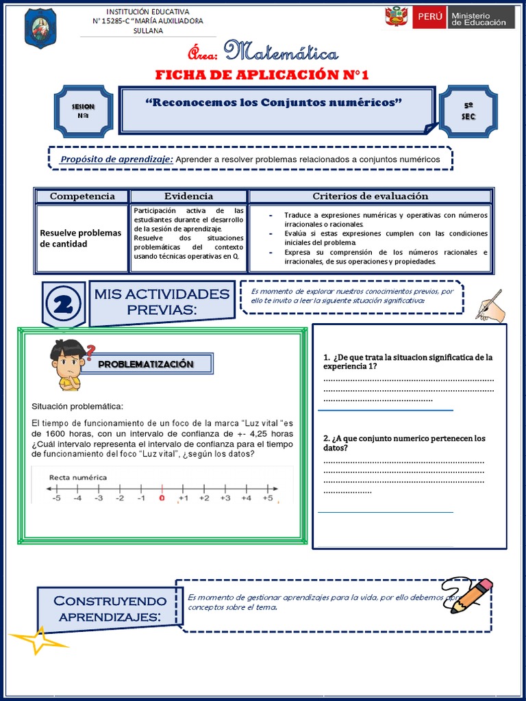 1° Ficha de Aplicación-Sesión1-Sem.1-Exp.1-Matematica 5to | PDF | Números | Entero