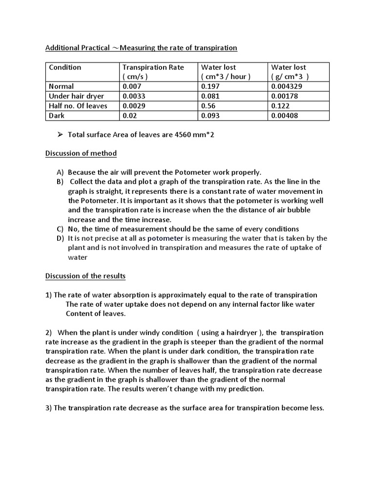 Transpiration Rate Measurement Study | PDF