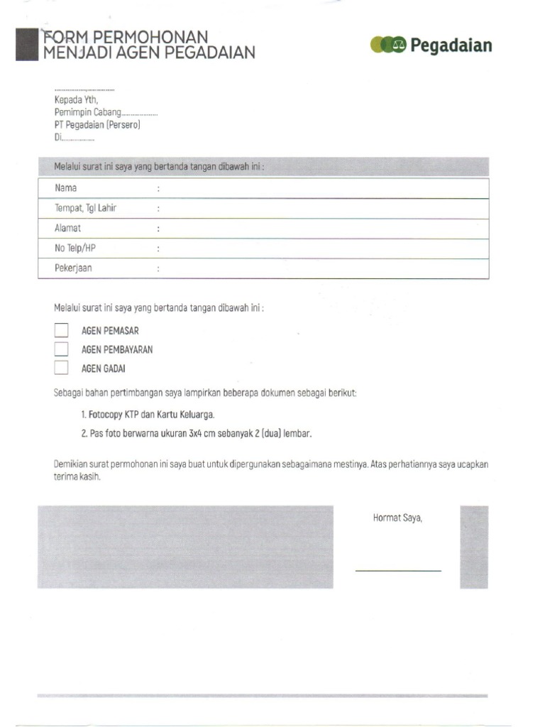 Form Permohonan Menjadi Agen Pegadaian | PDF