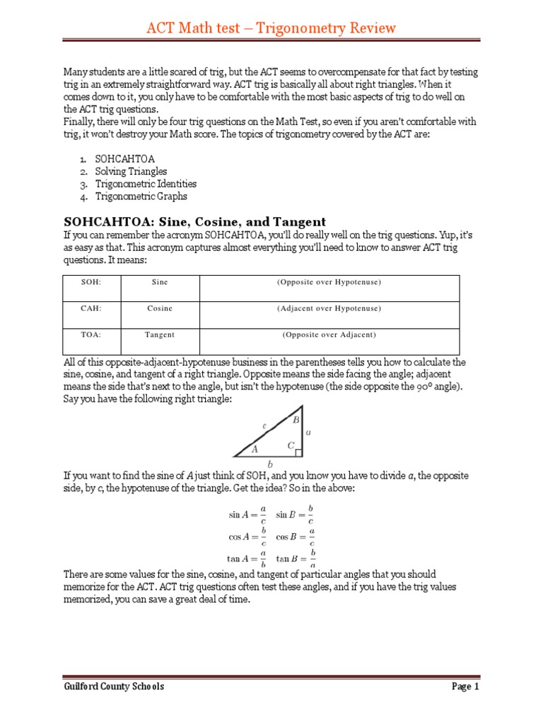 ACT Math Test Tips - Trigonometry Review | PDF | Trigonometry ...