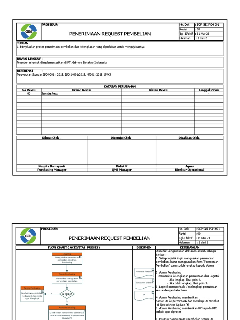 SOP-GBI-PCH-001 Penerimaan Permintaan Pembelian - 060423 | PDF