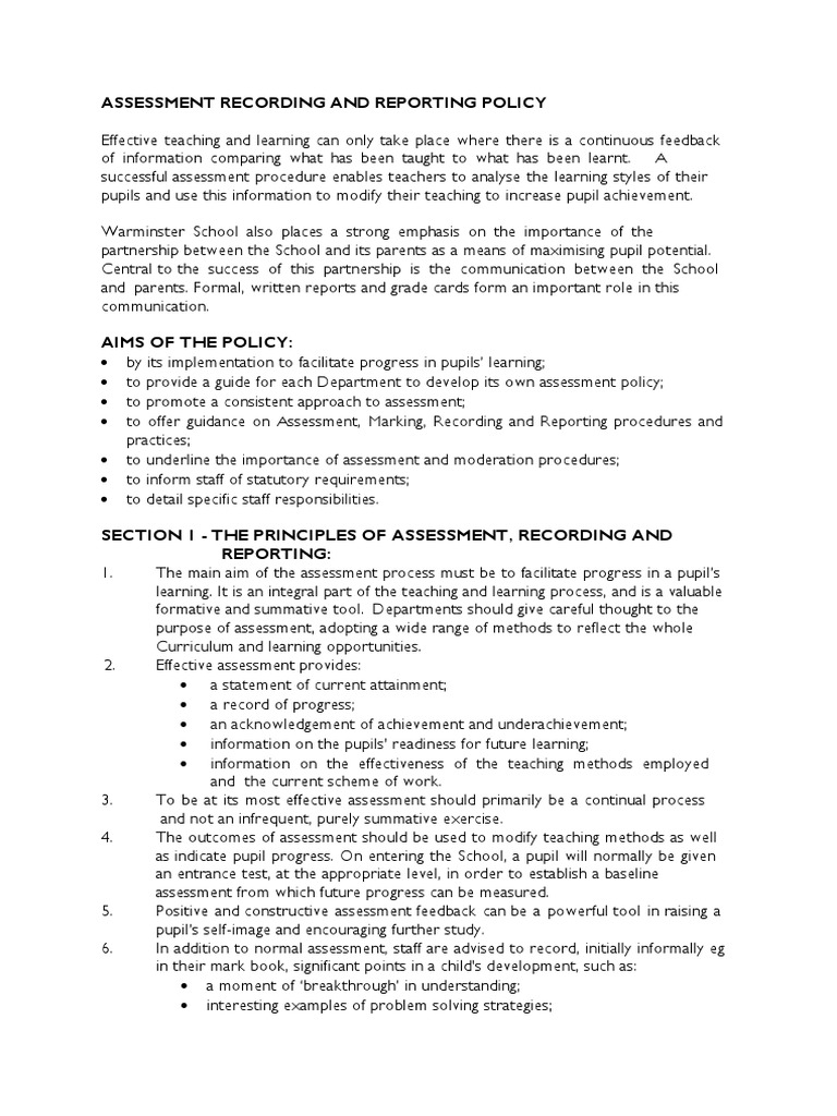 Assessment Recording and Reporting Policy | PDF | Educational ...