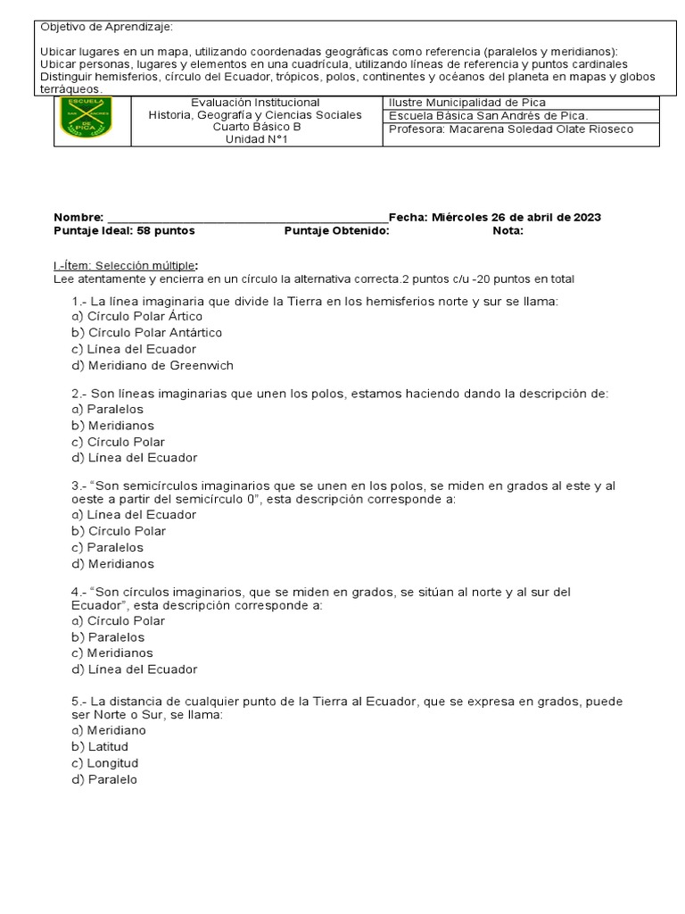 Prueba de Historia Primera Unidad | PDF | Ecuador | Longitud