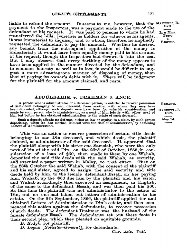 CL Abdulrahim V Drahman & Anor (1867) SSSCRpKyshe 4 (1808-1884) 1 Kyshe (Civil) 171 (24 May 1867 ...