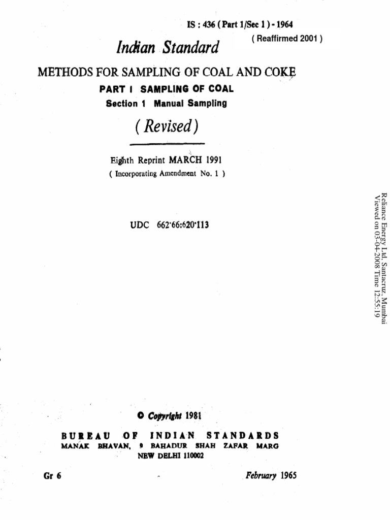 436 - 1 - 1 - Sampling of Coal | PDF | Coke (Fuel) | Sampling (Statistics)