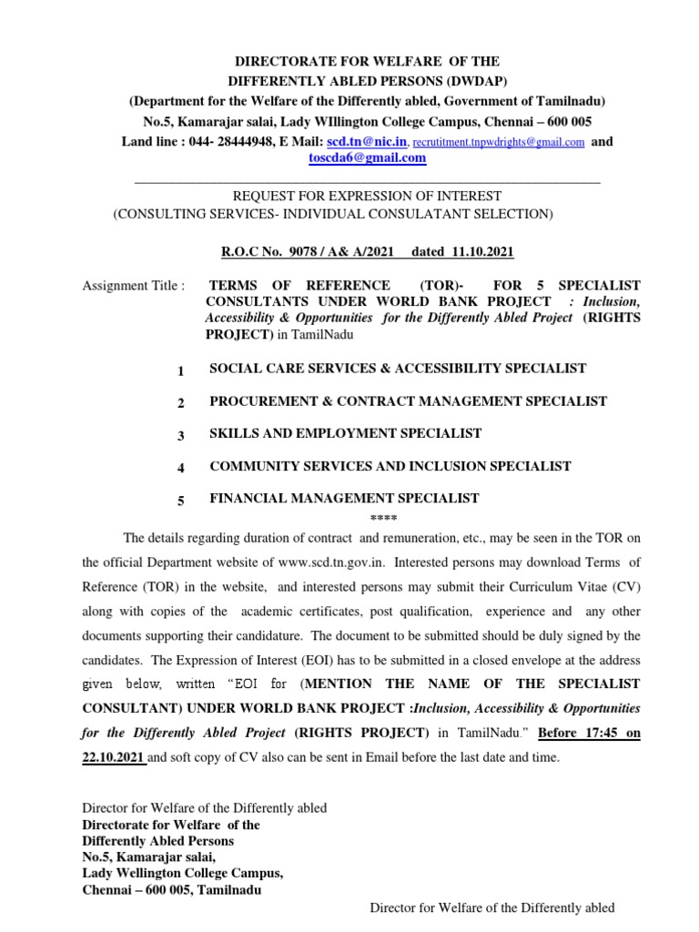 Terms of References For 5 Specialist Consultants Under World Bank ...