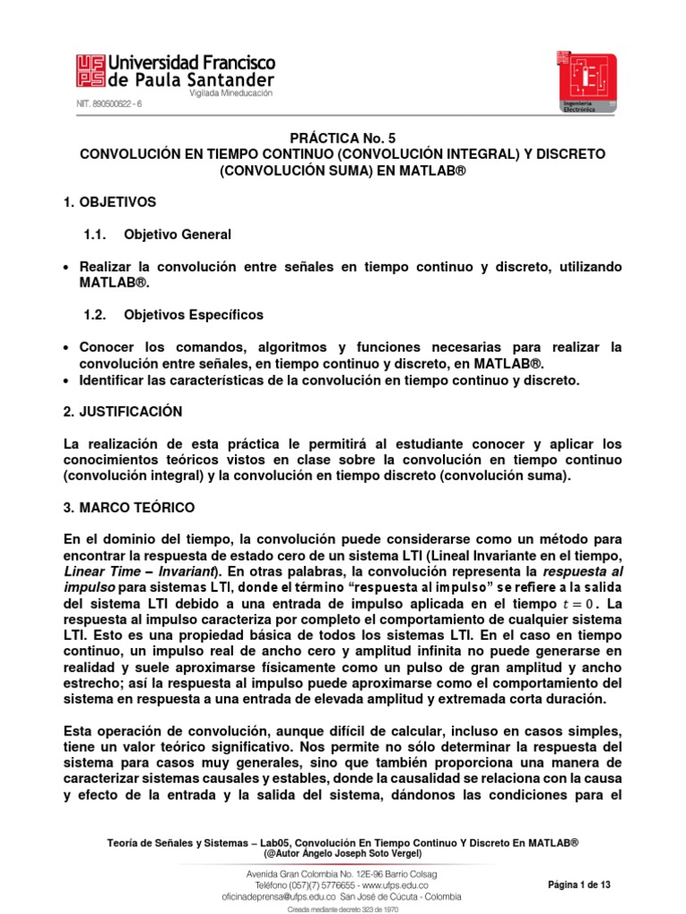 Lab05 - Convolución en Tiempo Continuo y Discreto en Matlab | PDF ...