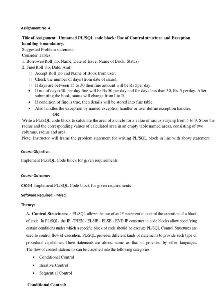 Assignment No 4 | PDF | Control Flow | Pl/Sql Assignment No 4 | PDF | Control Flow | Pl/Sql
