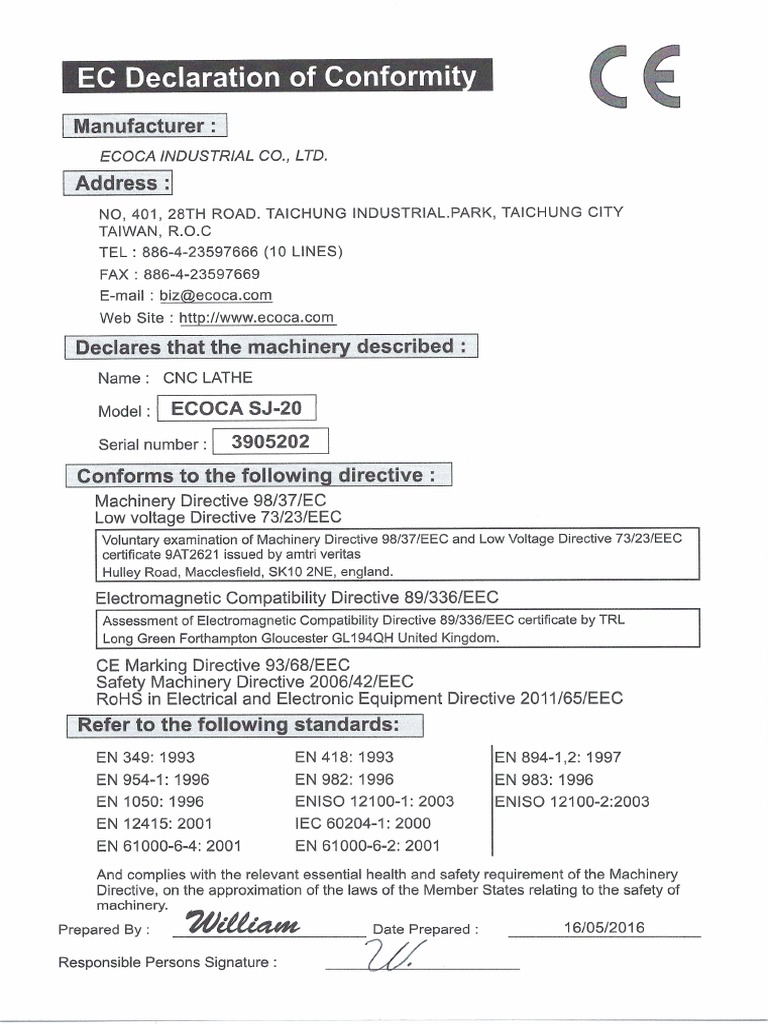 Certificado EU ECOCA SJ - 20 | PDF