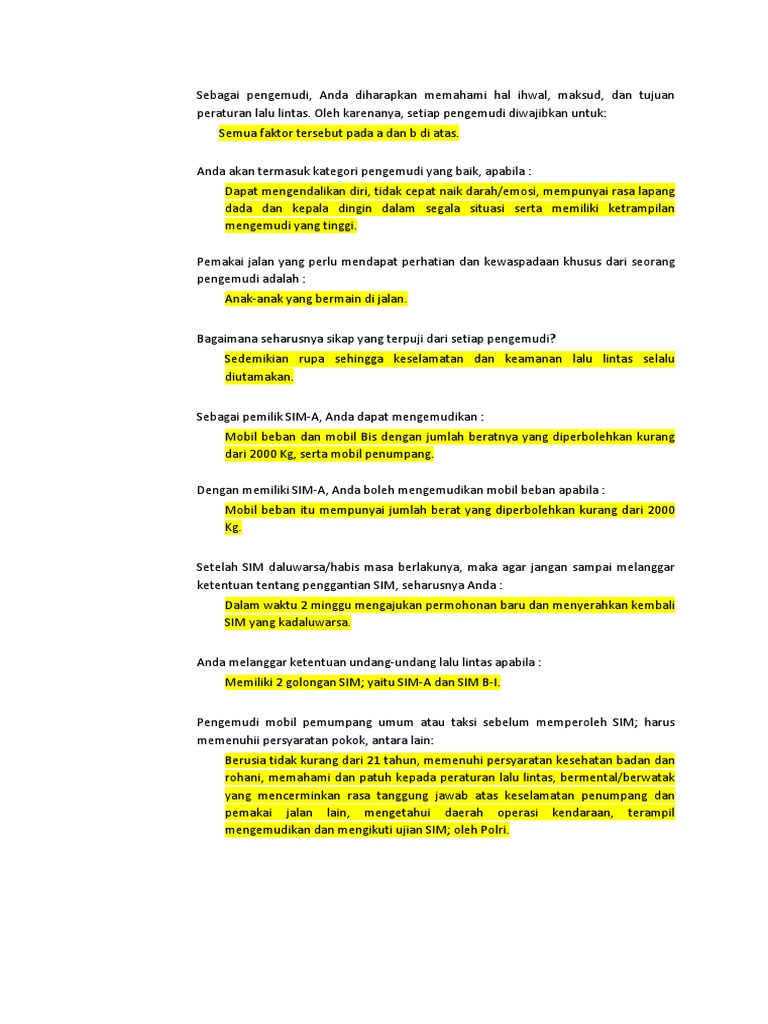 Jawaban Seleksi Sim A Umum 2023 | PDF