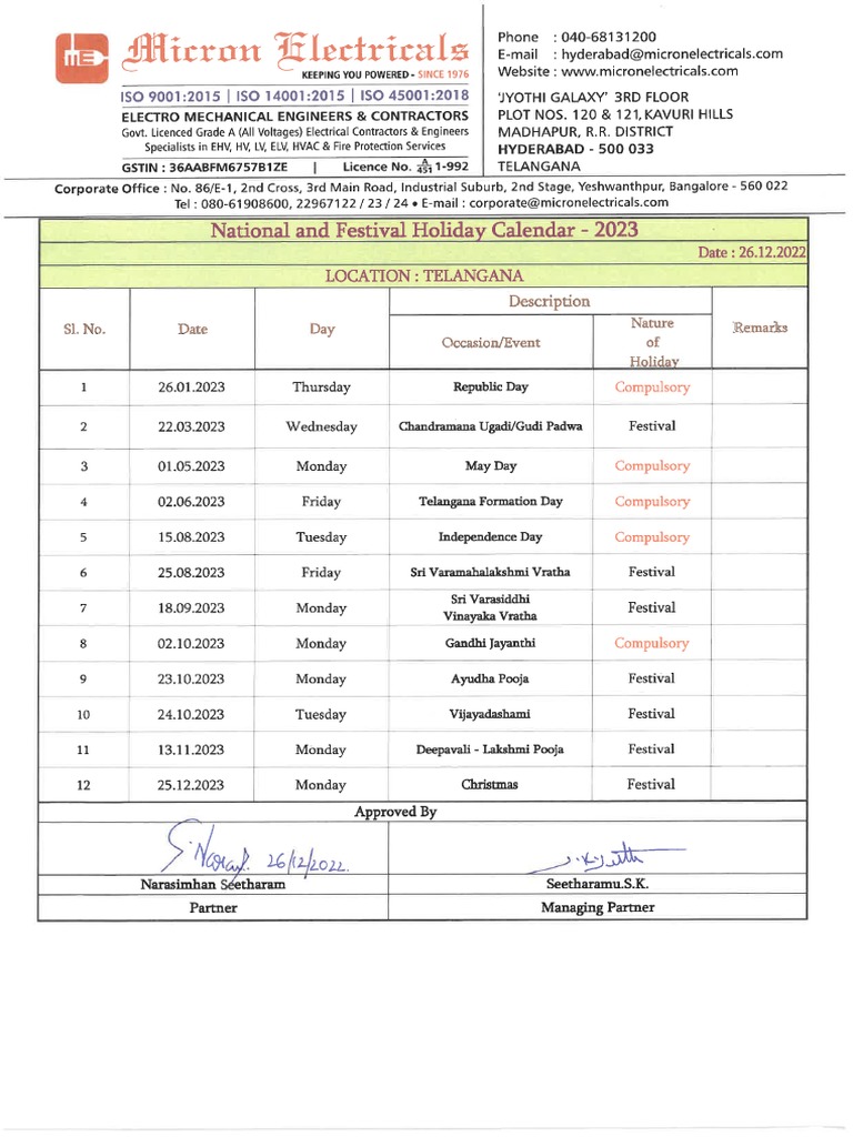 Holiday List-2023 | PDF
